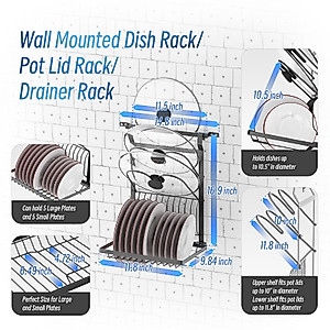 KOSTBAR Hanging Pot Rack, Wall Mounted Pan Rack, Cookware Organizer with 10 Hooks, Small Kitchen Storage Shelf for Utensils. Dish Rack With Lid Holder, Modular Design Shelves
