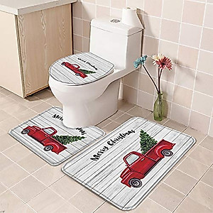 Fancyine 3 Pieces Bath Rugs Sets Winter Christmas Farm Red Truck Soft Non-Slip Absorbent Toilet Seat Cover U-Shaped Toilet Mat for Bathroom Decor Rustic Wood Texture