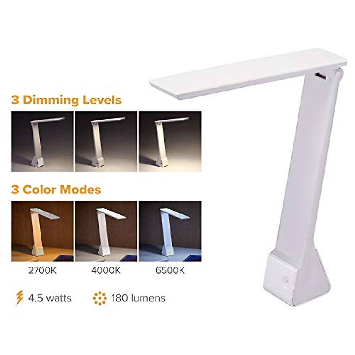 Bostitch Office KT-VLED1810-WHITE Rechargable Battery LED Desk Lamp, 3 Color Temperatures, Flip Open, White