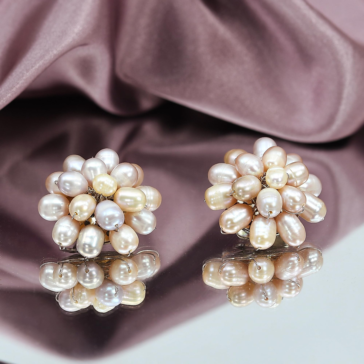 AeraVida Pretty Cultured Freshwater Pearl Cluster Pink Flower Clip-on Earrings | Elegant Handmade Jewelry for Women | Statement Earrings