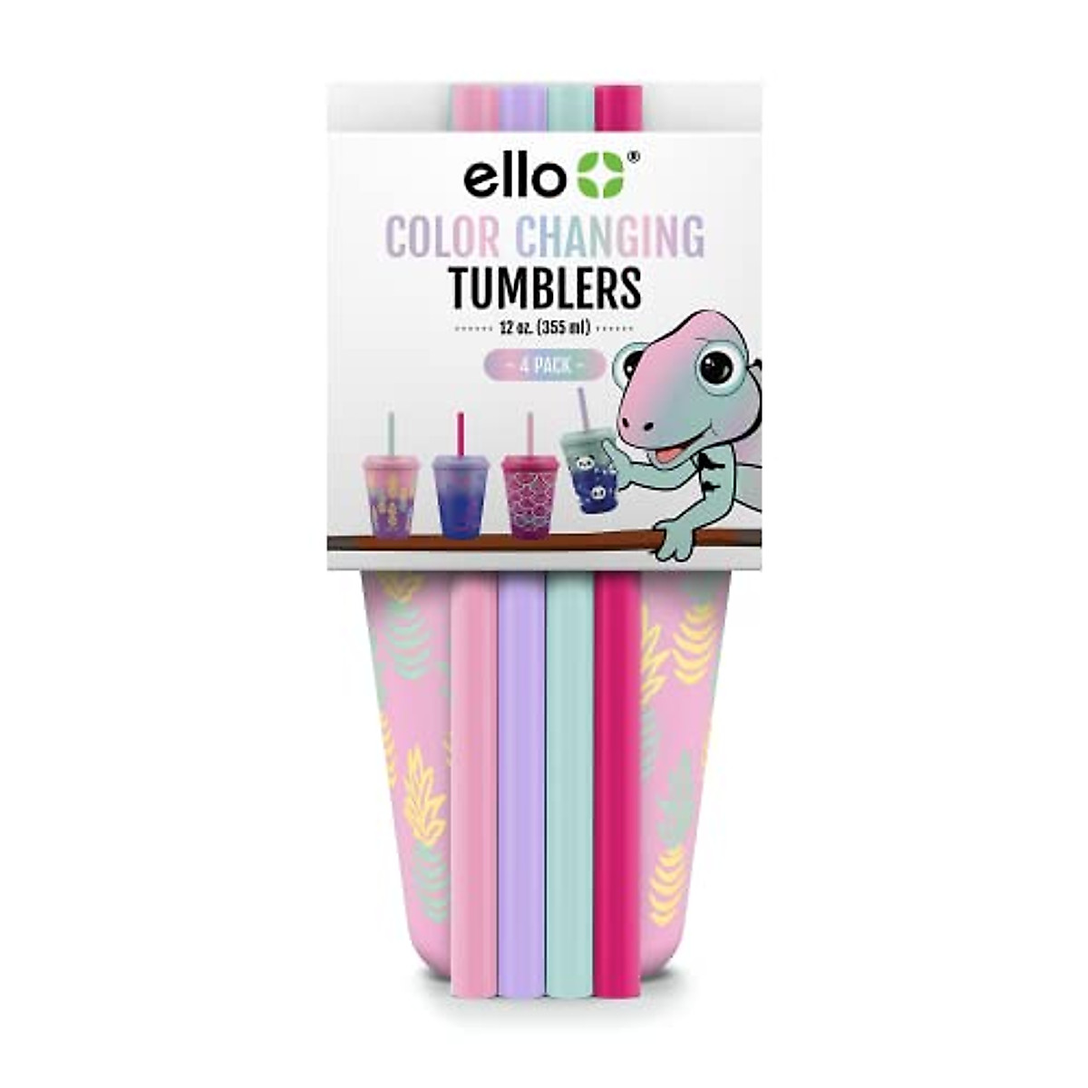 Ello Kids Plastic Reusable Color Changing Cups with Twist on Splash-Proof Lids and Straw, BPA Free, Dishwasher Safe, 12oz, Fruit Pop, 10 Pack