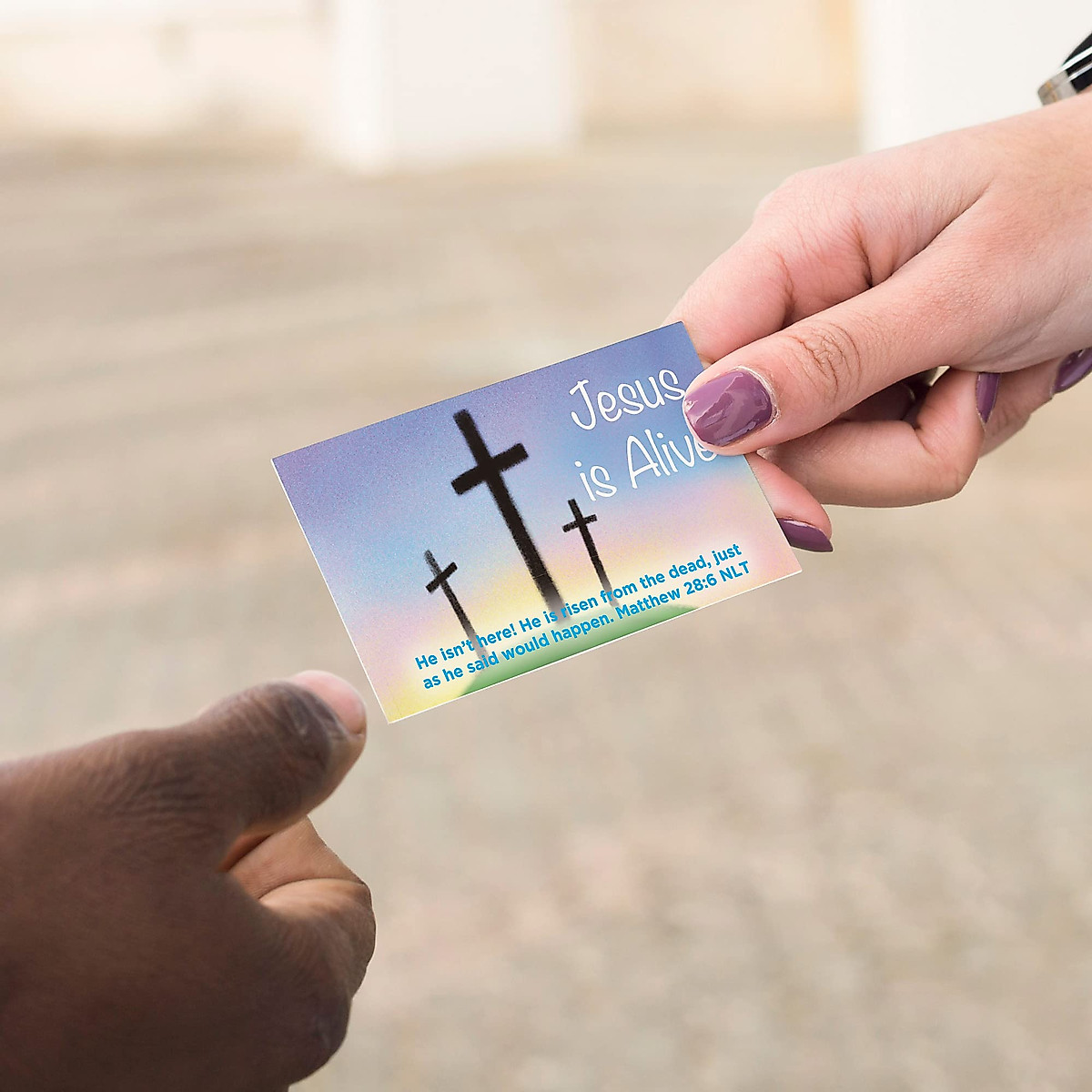 Jesus is Alive (Calvary), Matthew 28:6, Bulk Pack of 25 Affirmation Scripture Cards for Kids, Pass it On Christian Bible Verse Cards for Sunday School, Childrens Church, & Youth Group Ministry