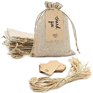 SumDirect-Brown-Burlap-Gift-Bags - 20Pcs 5x7 Inch Drawstring Bags with Tags, Linen Sack Bags for Wedding Favors Party, DIY Craft, Christmas