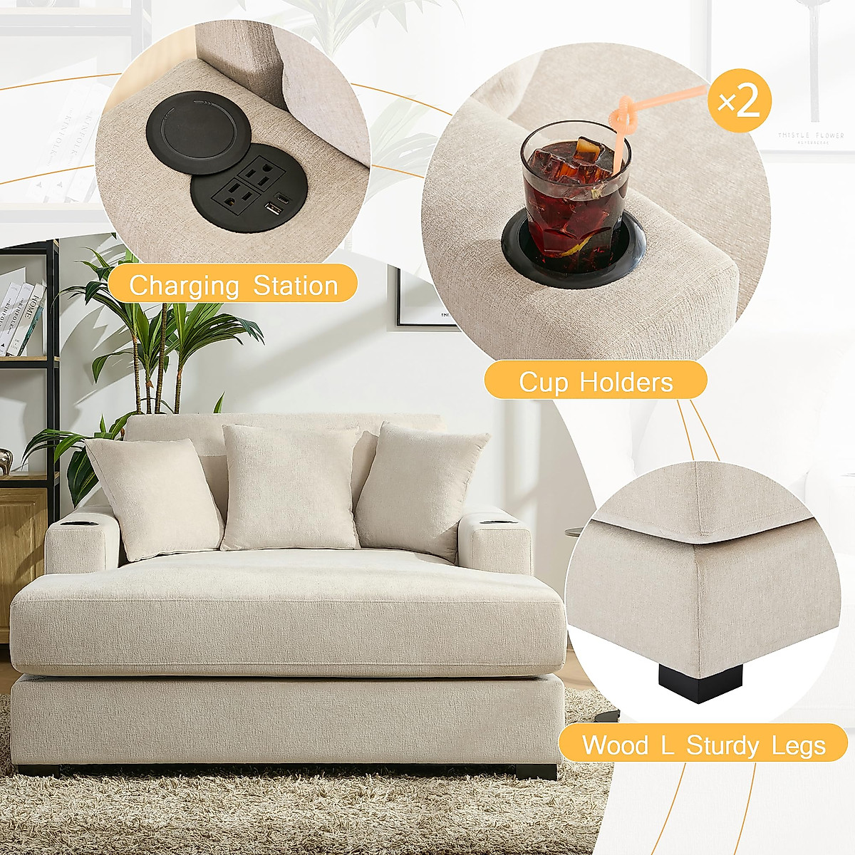 Brabrety Oversized Chaise Lounger Modern Style Sofa Couch,with Pillows, Charge Station & Cup Holders, Chenille Fabric (Cream-55in)