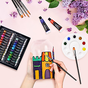 Colorful Stain Glass Paint Set with 6 Brushes, 1 Palette, 24 Color Waterproof Acrylic Enamel Painting Kit for Kids to Arts on Transparent Wine Glasses, Light Bulbs, Porcelain, Windows and Ceramics