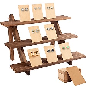 51pcs 3-Tier Wood Earring Display Stand, Retail Jewelry Card Stand with Groove + 50 Cards Portable Ring Organizer Holder Showcase Racks for Business Home Using