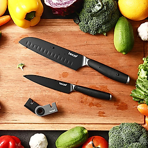 hecef Kitchen Knife Set with Mini Knife Sharpener, 3 PCS Professional Knives Set for Kitchen, Professional Knives Set Full Tang with Gift Box for Cutting Meat, Fruit, Vegetables