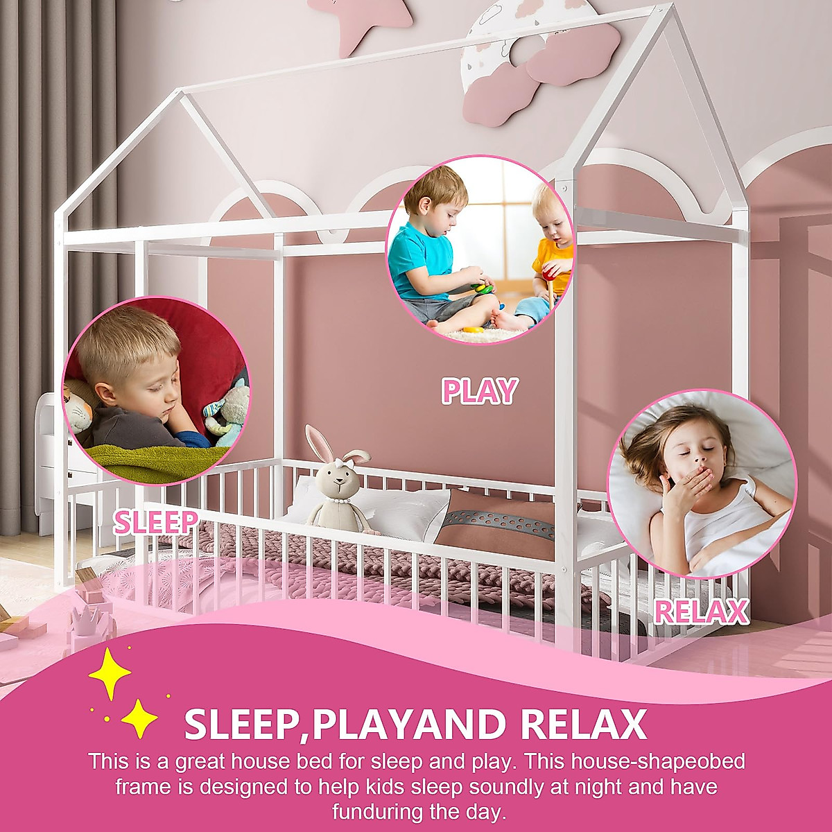 HZANHY Twin House Bed for Kids, Montessori Floor Bed with Rails, Metal Floor Bed Frame for Boys Girls Toddlers, Playhouse Bed with Roof, Twin Kids Bed Floor Bed with Post Foot Pads for Teen