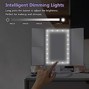 deweisn Trifold Lighted Vanity Makeup Mirror with 21 LEDs Lights,1x/2x/3x Magnification and Touch Screen Dimming,Two Power Supplies Makeup Mirror, Gift for Women