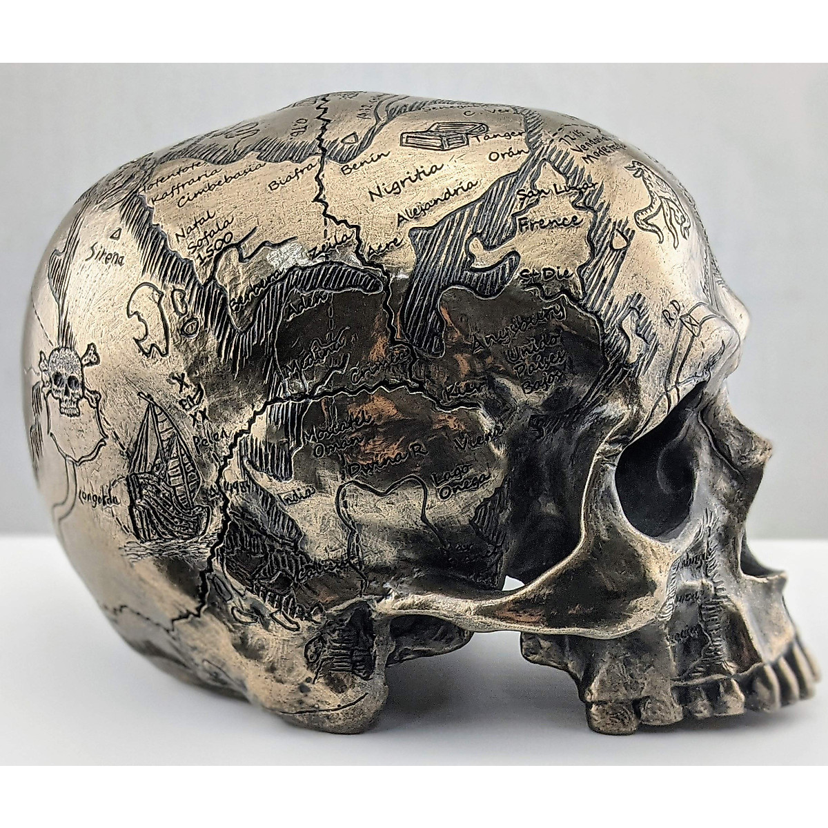 Veronese Design 5 3/8 Inch Craniumography Old Treasure Map Skull Sculpture Cold Cast Resin Bronze Finish Statue