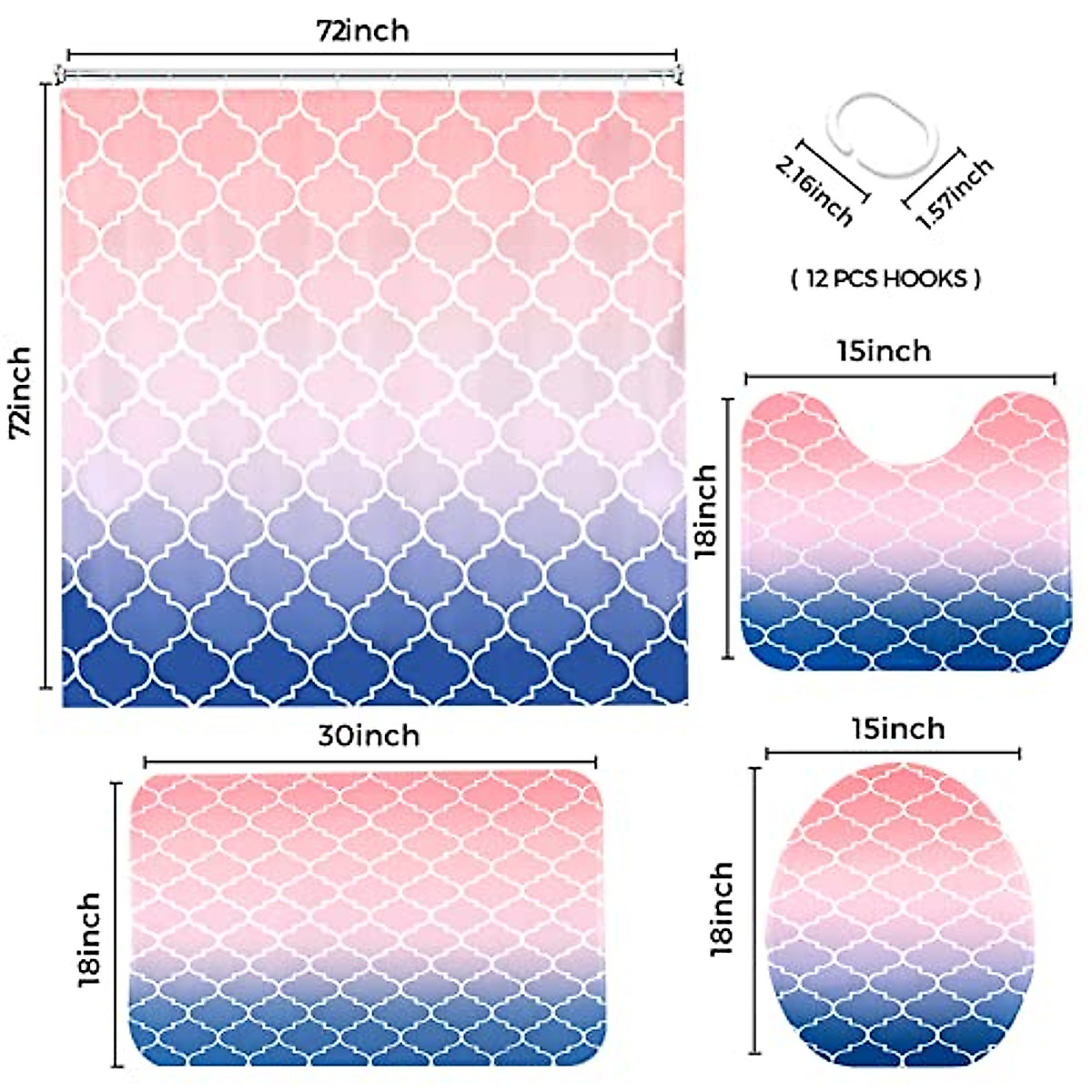 HBlife 4PCS Moroccan Style Bathroom Sets with Shower Curtain and Rugs, 72"x72" Boho Shower Curtains with 3 PCS Bathroom Mats Sets, Shower Curtain Sets with Non-Slip Rug and 12 Shower Curtain Hooks