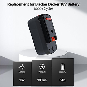 Qwenoer 18V 6.0h HPB18 Lithium Battery Replacement for Black and Decker 18V Battery 244760-00 HPB18 Battery A1718 A18 A18E A18NH HPB18-OPE FS180BX FS18BX FS18FL FSB18 Firestorm 18V Battery