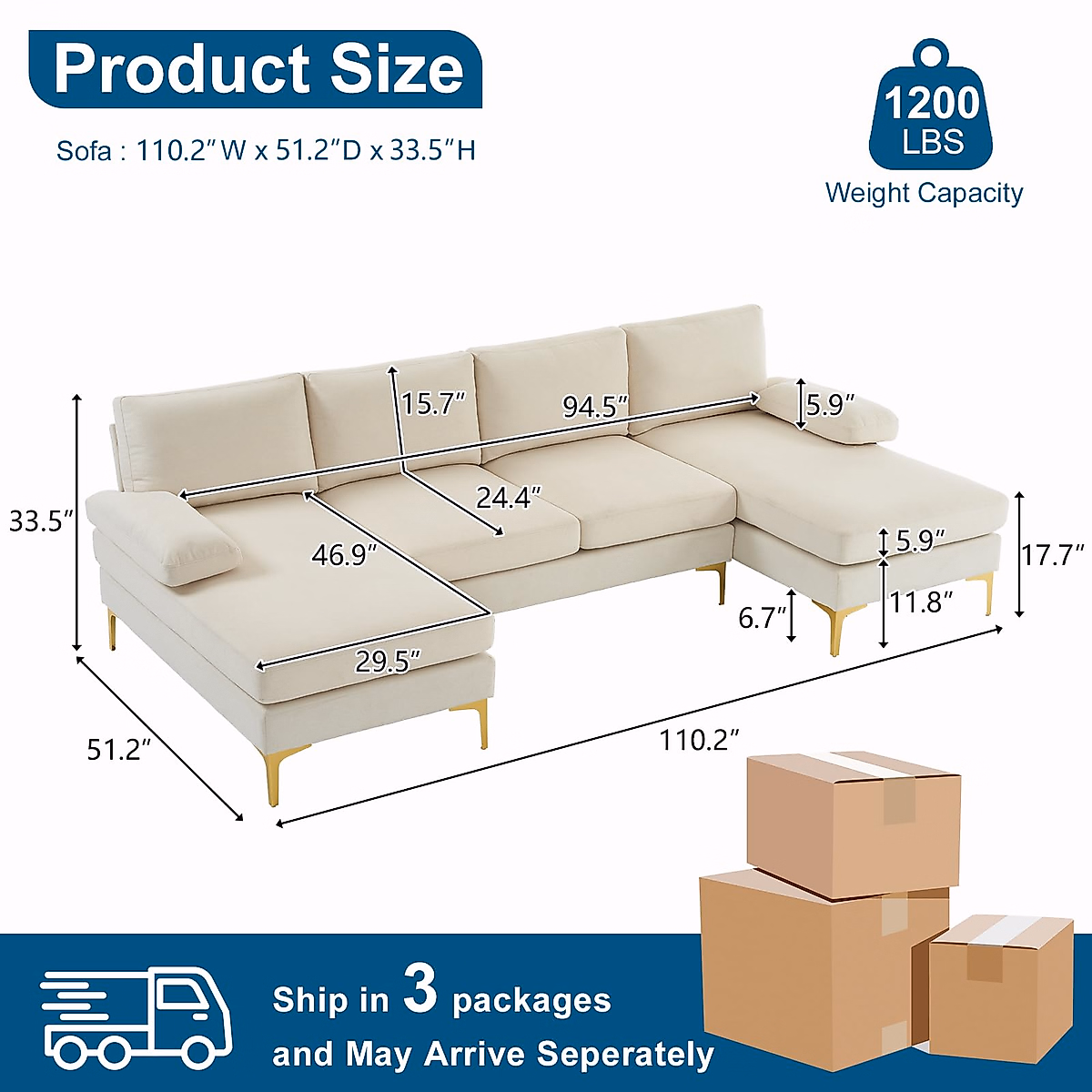 VINGLI 110" Modern U Shaped Sectional Couch with 51"D Double Chaise for Living Room, Beige Deep Seat Sectional Sofa Sets with 5.9" Thickness Seating Padding for Home Furniture,Linen Fabric,Metal Legs