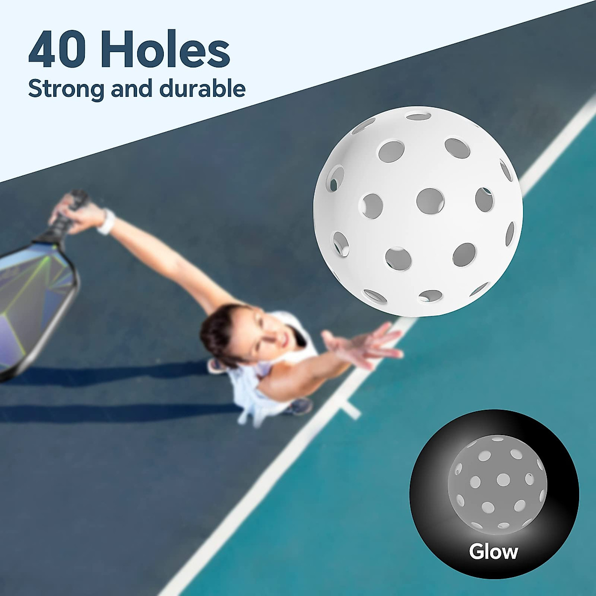 Houda Glow X-40 Outdoor Pickleball Balls | Pickleball Balls for Professionals Play | Durable Pickleballs Accessories Set of Pickleball Paddles (Ball, Glow 6pcs-White)