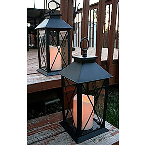 Black Decorative LED Lantern with Cross Bar Design - Pillar Candle with 5 Hour Timer Included - Hanging or Sitting Decoration - Set of 2 - 13"H