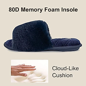 LongBay Women's Fuzzy Faux Fur Memory Foam Cozy Flat Spa Slide Slippers Comfy Open Toe Slip On House Shoes Sandals (Large/ 9-10, Navy Blue)