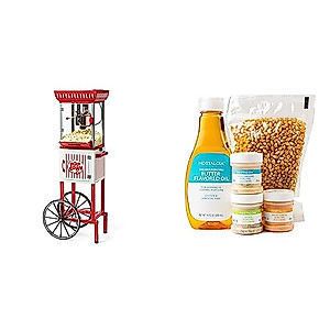 Nostalgia Popcorn Maker Machine - Professional Cart - Red & White & Hot Air & Kettle Kit 3 Seasonings, Oil, Popcorn Kernels, 1 Count (Pack of 1)