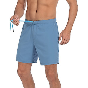 LRD Mens Athletic Workout Shorts with Compression Liner 7 inch Inseam Blue/Pink Surfer Dino - M