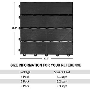 Hugeleaf 6 Pack Deck Tiles 12.2” x 12.2” Plastic Outdoor Flooring, Interlocking Deck Tiles Outdoor Waterproof All Weather Patio Tiles for Balcony, Porch, Poolside (Black)