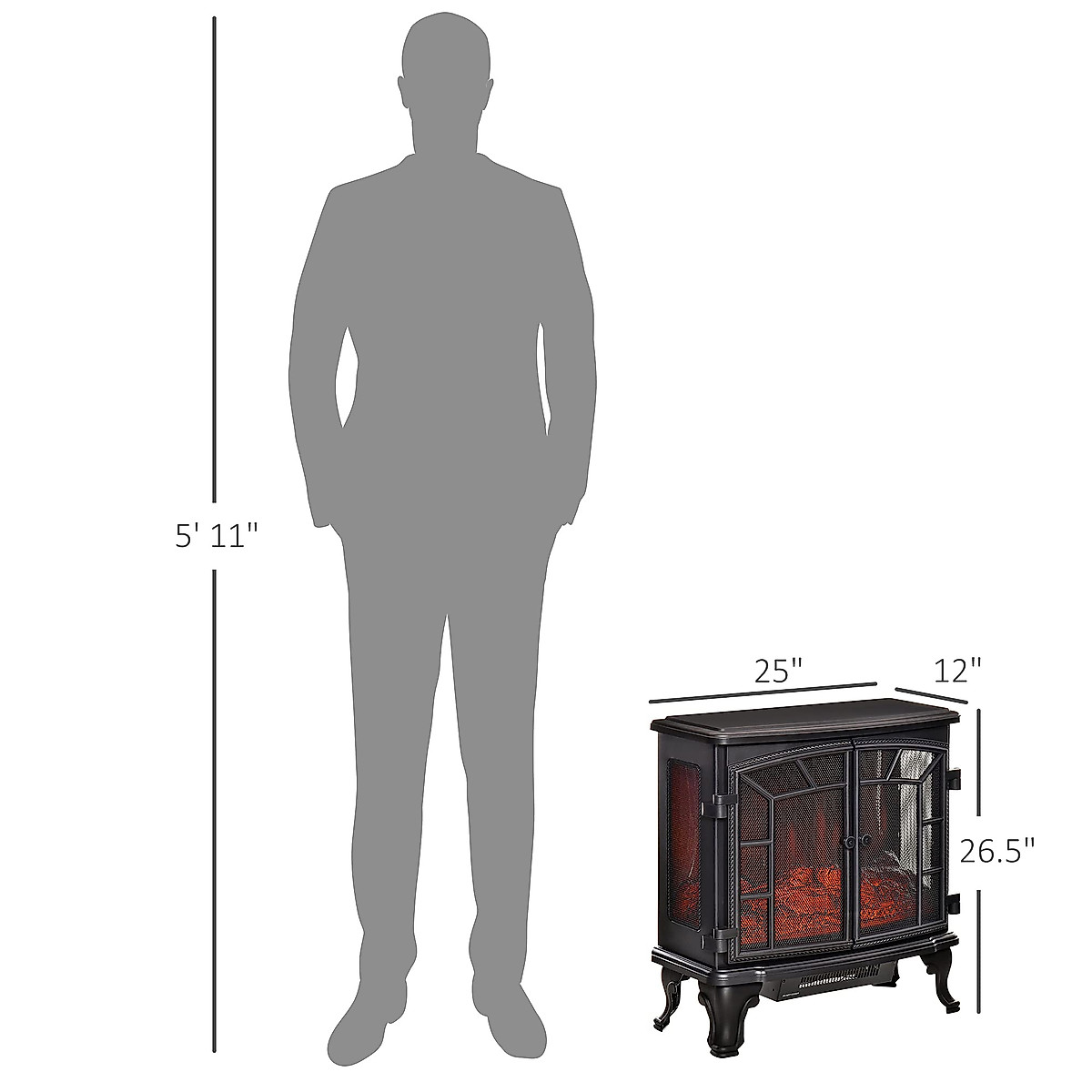 HOMCOM 27" Electric Fireplace Heater, Fireplace Stove with Realistic LED Flames and Logs, Remote Control and Overheating Protection, 750W/1500W, Black