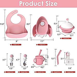 Pinko Coral Baby Led Weaning Supplies Silicone Baby Self Feeding Utensils with Suction Bowl Divided Plate Adjustable Baby Bib Soft Spoon Fork with Lid Drinking Cup Utensil