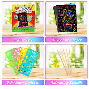Scratch Art for Kids - 50 Pcs Black Scratch Off Art Paper, Rainbow Scratch Art with 5 Stylus and 4 Stencils, 4.9" X 7.1", Arts and Crafts for Kids Party Games Easter Christmas Birthday - Cactus