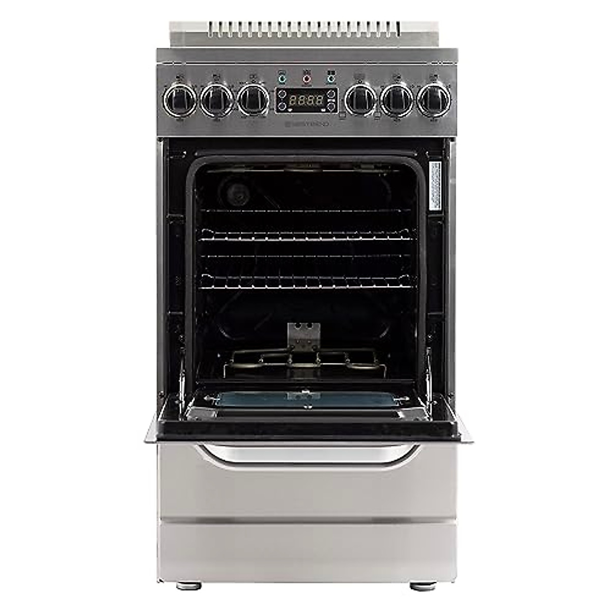 West Bend WB200ERPSS 20-Inch Electric Range, Compact Design, Top with 4 Cooking Zones, Glass Oven Door, Storage Drawer, and Rotisserie Accessories, 2.0 Cu. Ft, Stainless Steel, Metallic