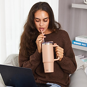 SMLIXE 40 oz Tumbler with Handle and Straw Lid,Insulated Reusable Stainless Steel Water Bottle Travel Mug，Cupholder Friendly Double Wall Vacuum Sealed Cup (Mocha)