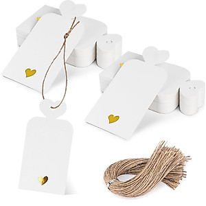 SallyFashion 100PCS Gift Tags with String, Blank Gift Tags with Foil Gold Heart Gift Wrapping Tags for Birthday Party Baby Shower Wedding Favor