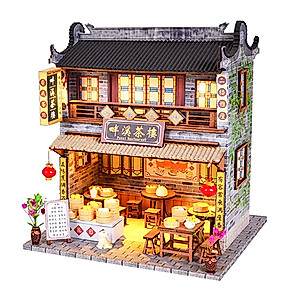 WYD DIY Chinese DIY Doll House Ancient Architecture Handmade Mini Wooden House Miniature Dollhouse Furniture Set Children Toys New Year Birthday Wedding Gift (Panxi Tea House)
