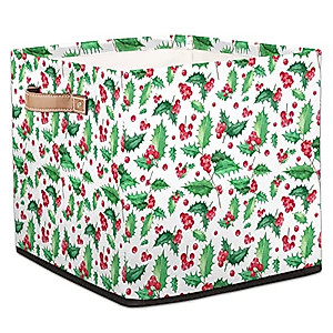 Large Collapsible Storage Bins,Christmas Berry Leaf Decorative Canvas Fabric Storage Boxes Organizer with Handles,Cube Square Baskets Bin for Home Shelves Closet Nursery Gifts