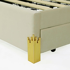 JIVOIT Full Size Upholstered Platform Bed with 4 Drawers, Modern LED Light Platform Bed Frame, Stylish Irregular Metal Bed Legs Design, Upholstered Storage Bed for Kids Teens (Beige,Full,Metal Legs)