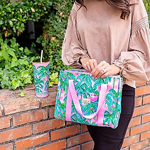 Lilly Pulitzer Cute Lunch Bag for Women, Large Capacity Insulated Tote Bag, Pink/Green Mini Cooler with Storage Pocket and Shoulder Straps, Suite Views