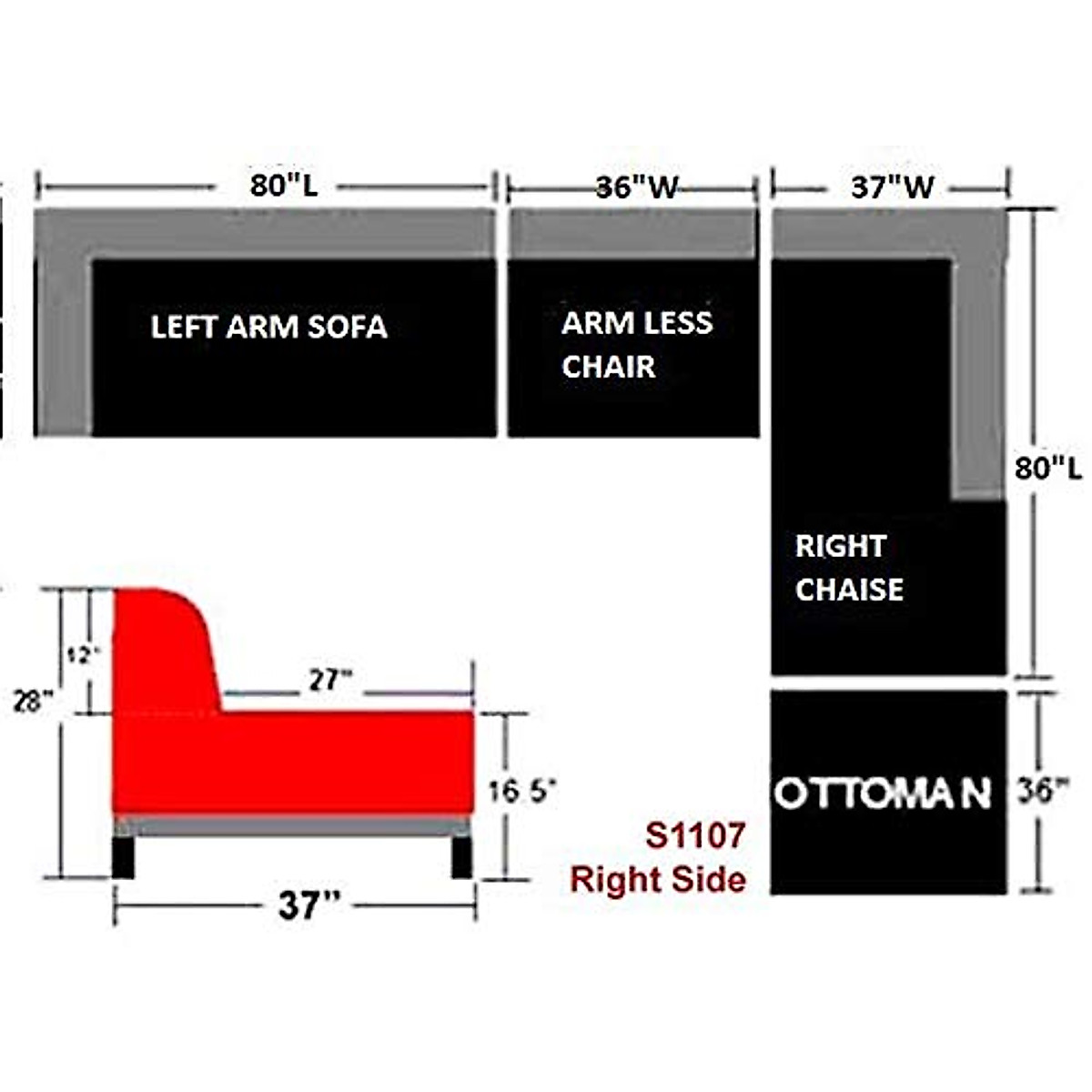 Stendmar 4pc 117" to 153" Modern Dark Gray Microfiber Sectional Couch Sofa S1107RDG