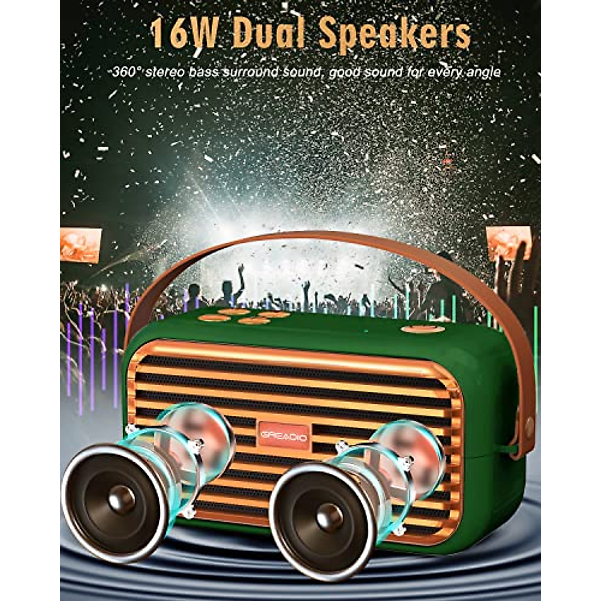 Greadio Vintage Speaker, Retro Bluetooth Speaker with 16W Stereo Sound Rich Bass Dual Speakers, Bluetooth 5.0, Support Hands-Free Call TF/AUX/U-Disk for Gift, Party, Travel, Office,Home (Green)