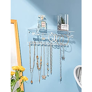 Mymazn 2 Pack Acrylic Necklace Holder with Shelf, 12 Diamond Shape Hooks and Removable Bracelet Rod, Wall Mounted Jewelry Organizer Hanging Jewelry Rack Clear Jewelry Hangers for Necklace, Bracelet