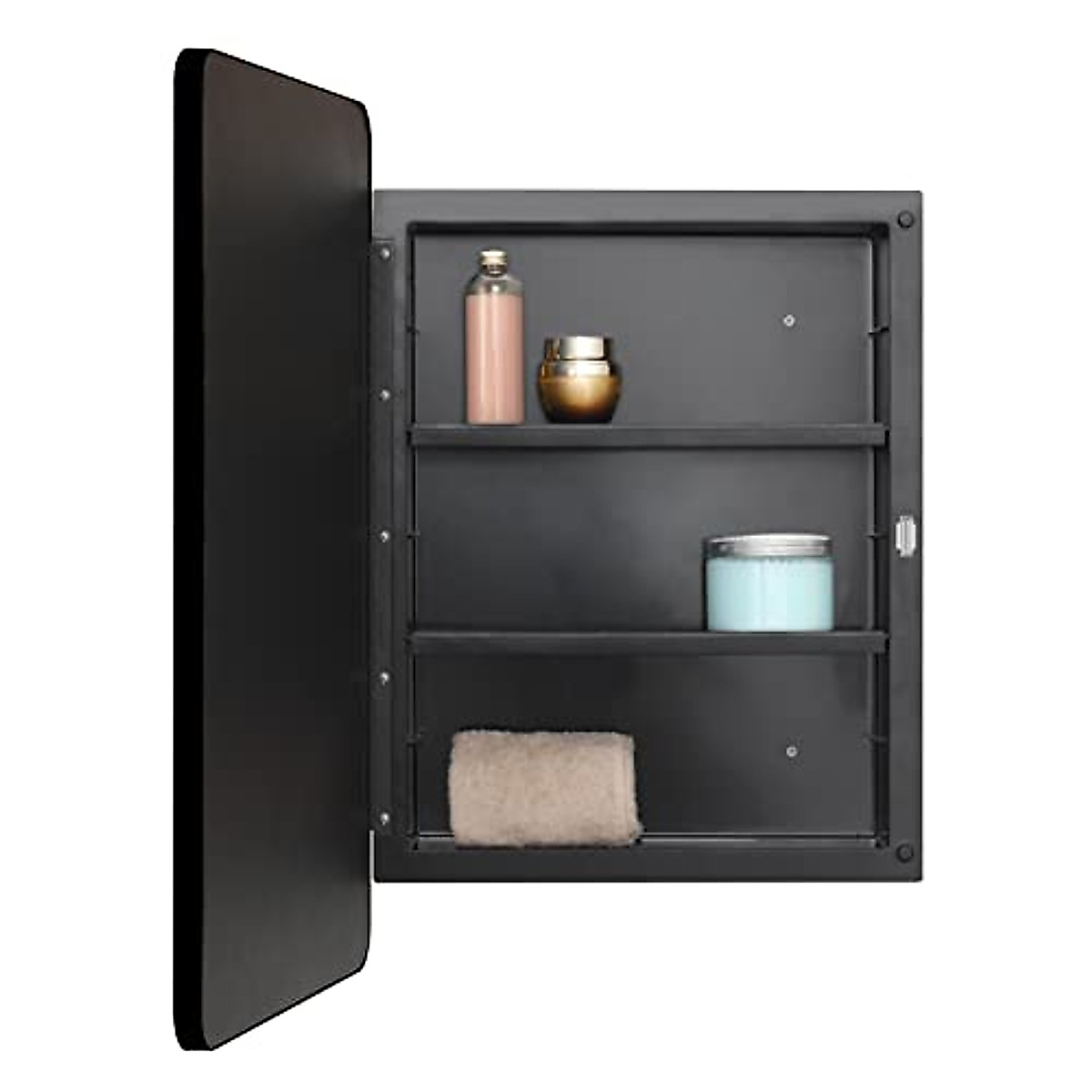 Fundin Plastic Medicine Cabinet, Beveled Edge Mirror Door with Round Corner Metal Frame, Recessed and Surface Mount, Black,16 x 24 inch Mirror Size