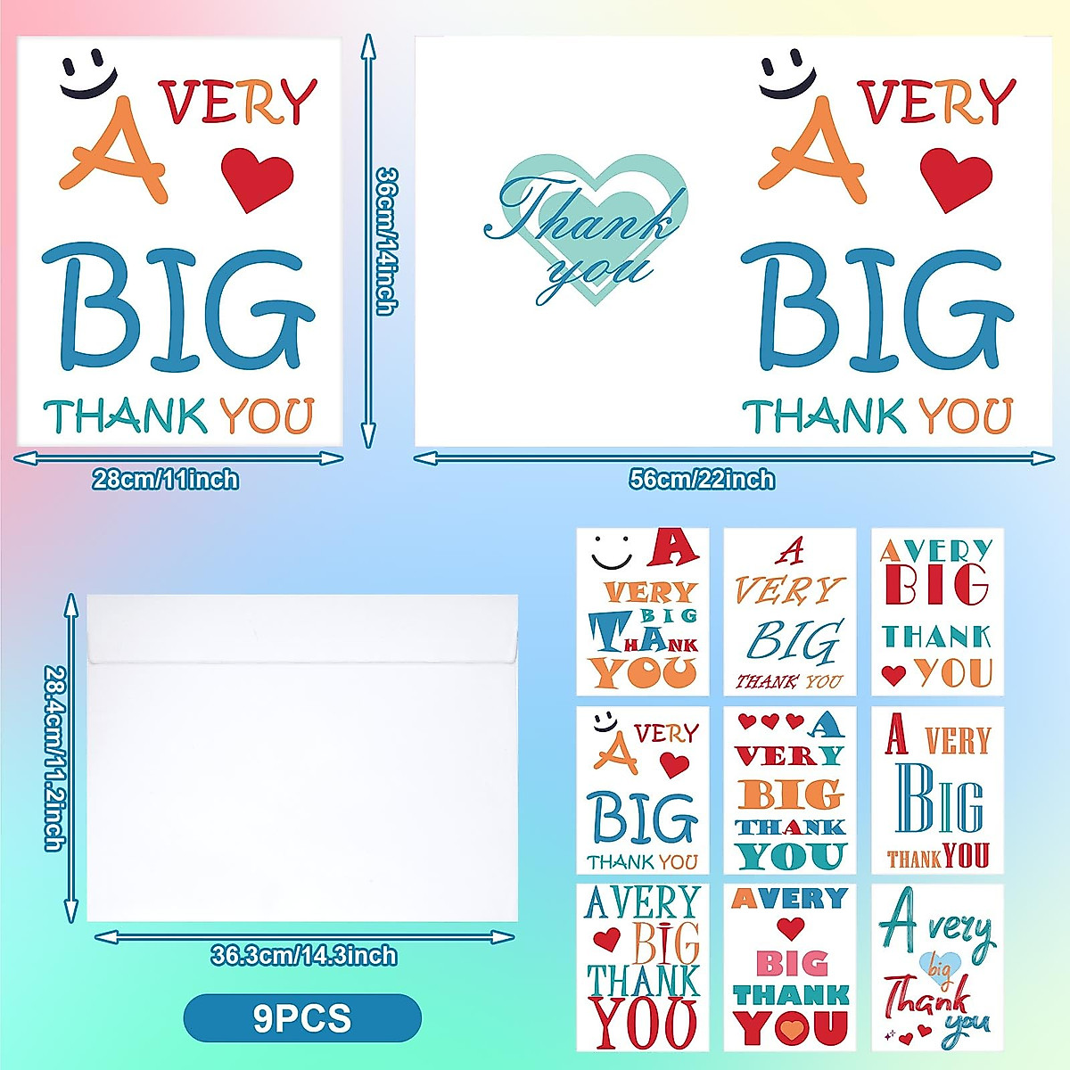 Jetec 9 Sets Big Thank You Cards with Envelope 14 x 22 Inch Large Giant Appreciation Card Oversize Greeting Card Jumbo Message Cards for Thanksgiving Christmas Teacher Nurse Week Wedding Gift