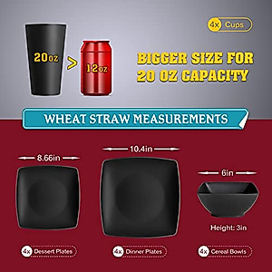 Teivio 16-piece Plastic Wheat Straw Square Dinnerware Set for 4, Unbreakable Dinner Plates, Salad Plates, Snack Bowls, Tumblers 20 oz, Dishwasher Safe, Black