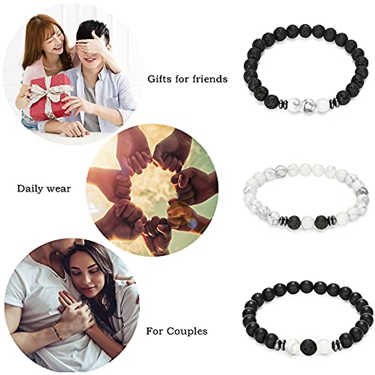 MengPa Mens Beaded Bracelets Matte Lava Rock Volcanic Stone Beads for Women Stretch Bracelet White Howlite Fashion Jewelry US4543B