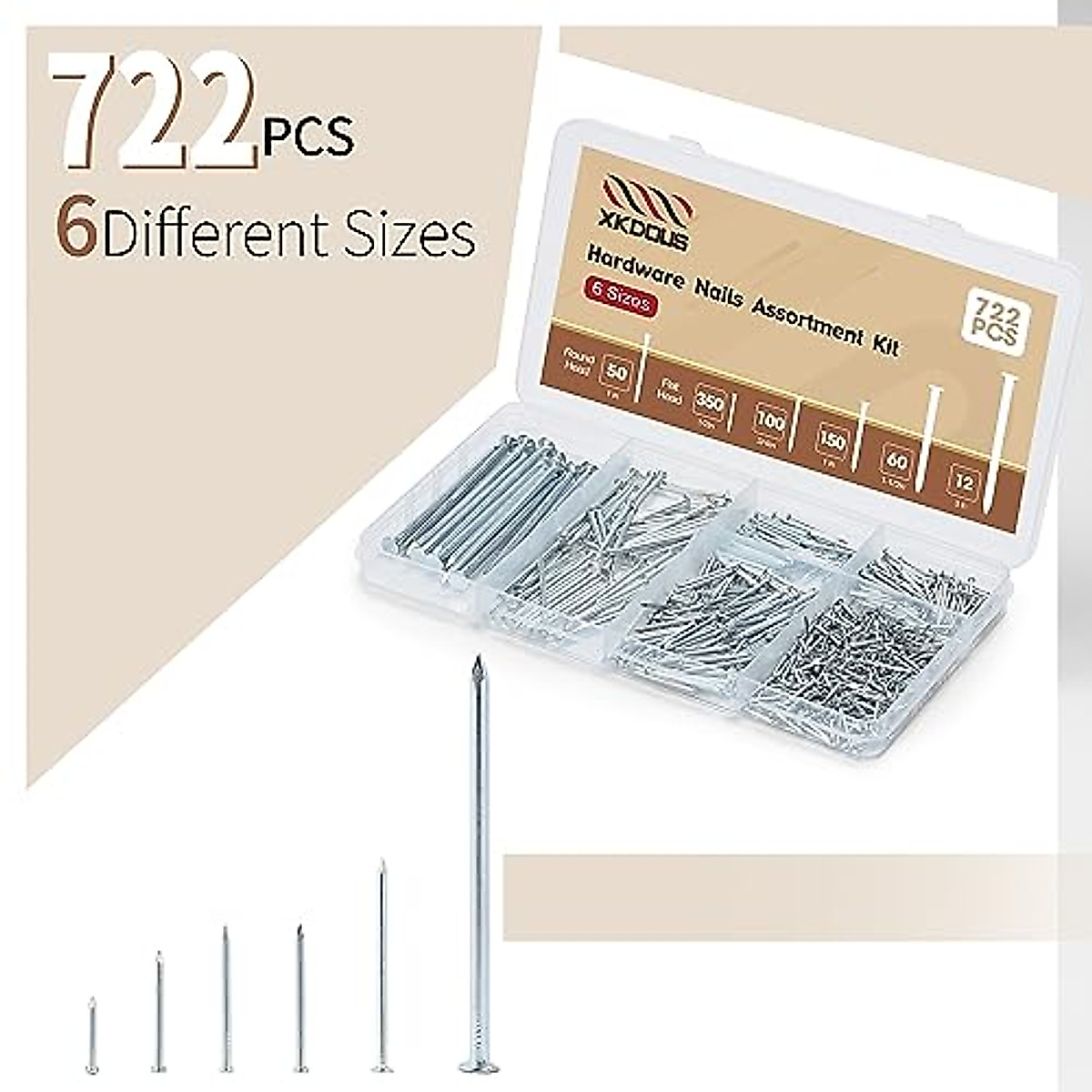 XKDOUS 722pcs 6 Sizes Hardware Nails Assortment Kit, Up to 3"-Long Galvanized Nails, Small Nails,Wood Nails, Wall Nails for Hanging Pictures