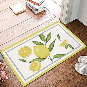 Door Mat for Bedroom Decor, Summer Yellow Lemon with Green Leaves Yellow Border Floor Mats, Holiday Rugs for Living Room, Absorbent Non-Slip Bathroom Rugs Home Decor Kitchen Mat Area Rug 18x30 Inch