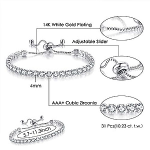 GEMOSA Tennis Bracelets for Women White Gold Plated Diamond AAA+ Cubic Zirconia CZ Dainty Classic Adjustable Slider Bracelet Silver Fashion Jewelry Wedding Gift