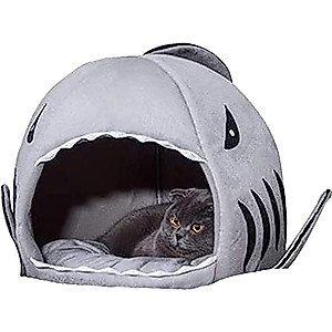 Cat Litter Hot Cat Mat Shark-Shaped House Warm Kennel Kitten Bed One Mat Two Usage Shark Bed for Small Cat Dog Cave Cozy Bed Removable （Light Grey）