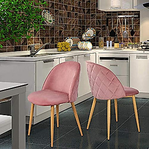 Yaheetech Velvet Dining Chairs Accent Kitchen Chair Living Room Chair for Vanity/Makeup/Leisure Upholstered Side Chairs with Soft Velvet Seat Backrest Metal Legs Set of 2, Pink