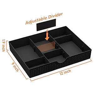 CAXXA 3 Slot Drawer Organizer with Two Adjustable Dividers - Junk Drawer Storage for Office Desk Supplies and Accessories, Black (1 Pack)