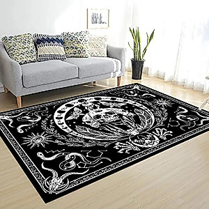 Youshosho Skull Rug Black and White Rug Snake Rug Moth Rug Trippy Skeleton Rug Mandala Moon Phase Carpet for Room Decor