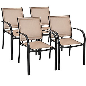 Giantex Set of 4 Outdoor Patio Chairs, Stackable Lawn Chairs with Armrests and Breathable Fabric, 4 Pack Bistro Chairs for Porch Garden Backyard Poolside, Brown & Black