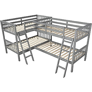 MERITLINE L-Shaped Quad Bunk Bed, Four Bunk Bed Twin Over Twin with Angle Ladder,Wooden Corner 4 Bed Bunk Bed for Kids, Teens, Adults, No Box Spring Needed (Twin, Grey)