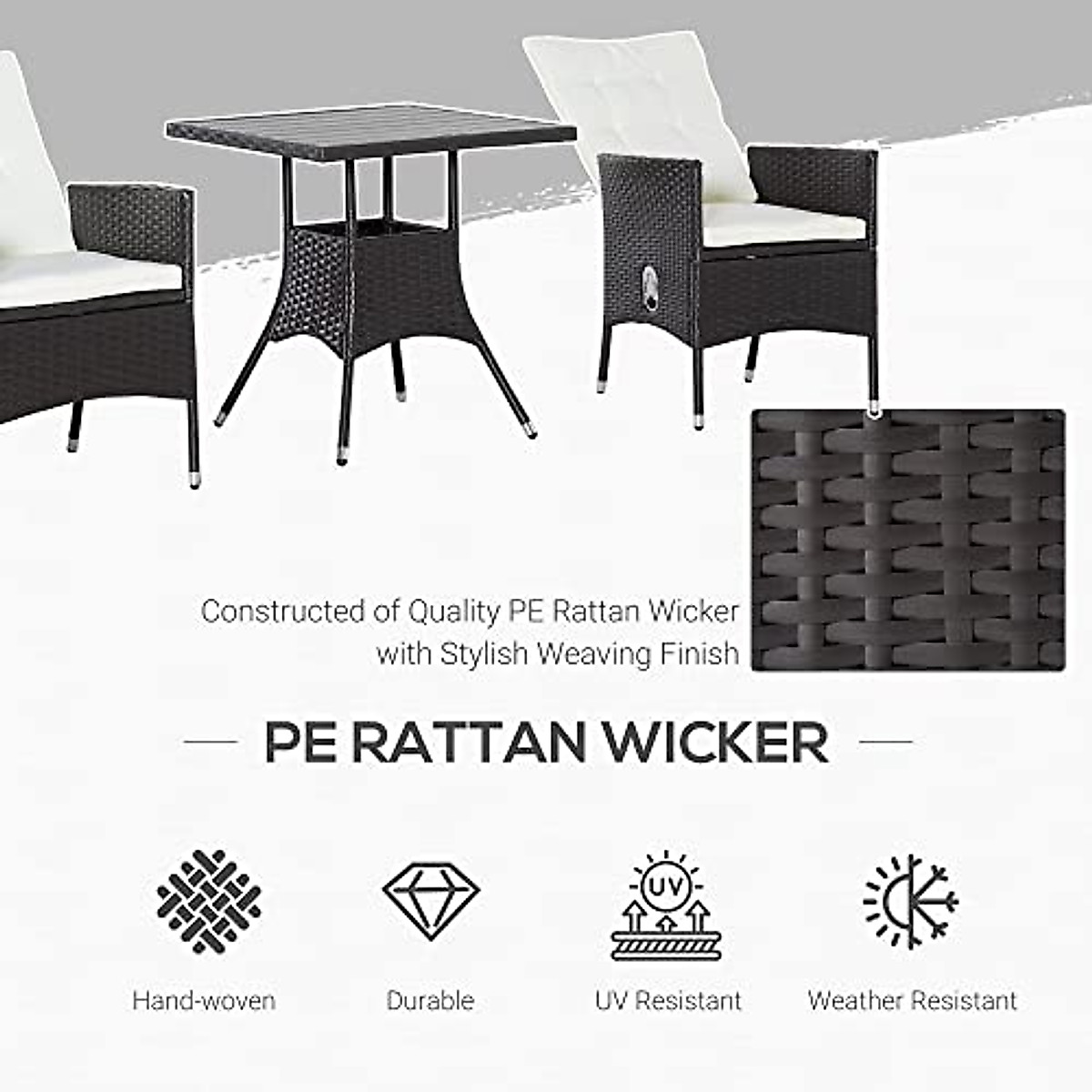 Outsunny 3 Piece Patio Bistro Set, Outdoor PE Wicker Furniture Conversation Set with Tufted Cushion Reclining Chairs & Coffee Table for Backyard, Lawn, Porch, Poolside, Balcony, Cream White